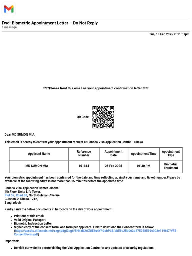 Biometric Appointment Letter MD Sumon Mia | PDF | National Security | Government And Personhood