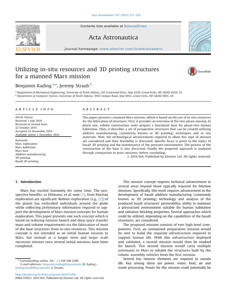 Utilizing In-Situ Resources and 3D Printing Structures For A Manned Mars Mission | PDF | Mars ...