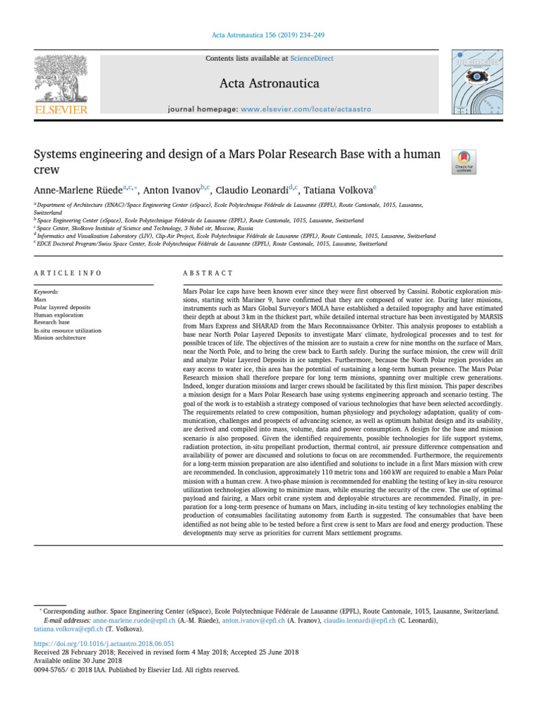 Systems Engineering and Design of A Mars Polar Research Ba - 2019 - Acta Astrona | PDF | Mars ...