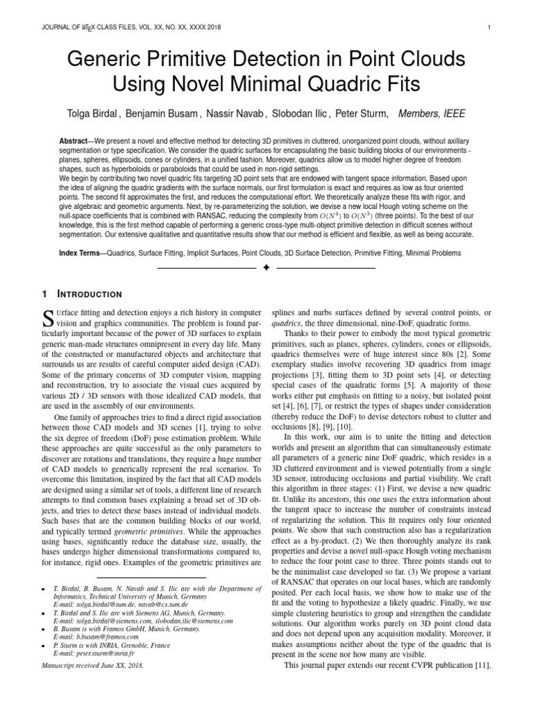 Birdal Et Al 2018 Generic Primitive Detection in Point Clouds Using Novel Minimal Quadric Fits ...