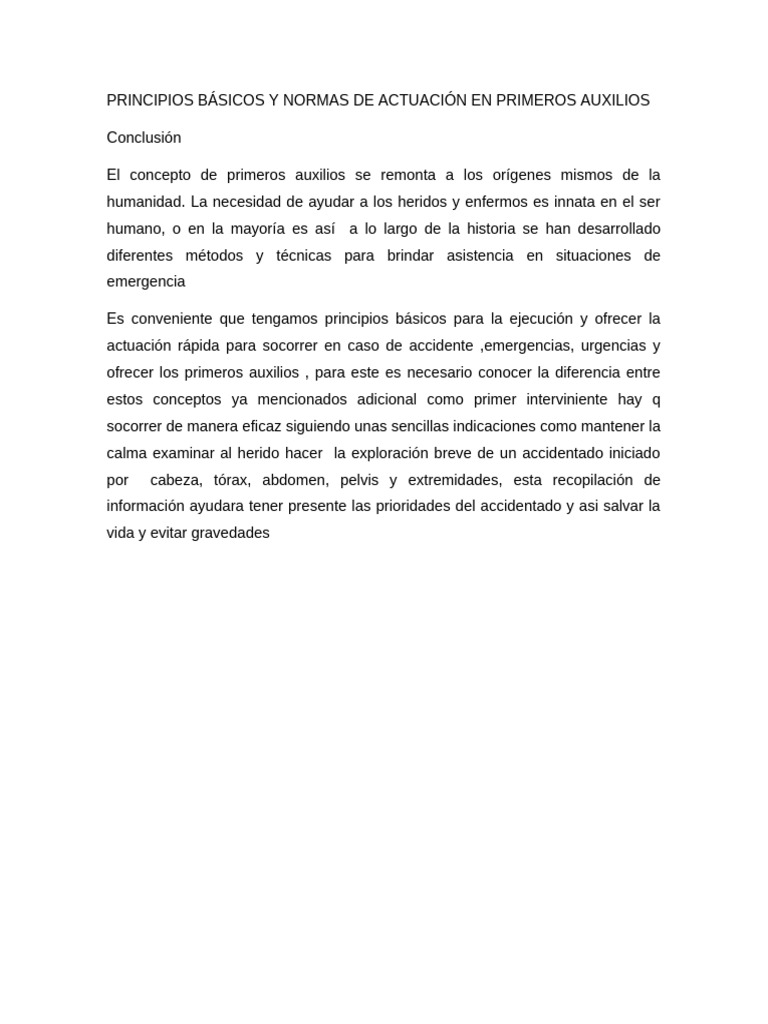 Conclusion PRINCIPIOS BÁSICOS Y NORMAS DE ACTUACIÓN EN PRIMEROS AUXILIOS | PDF