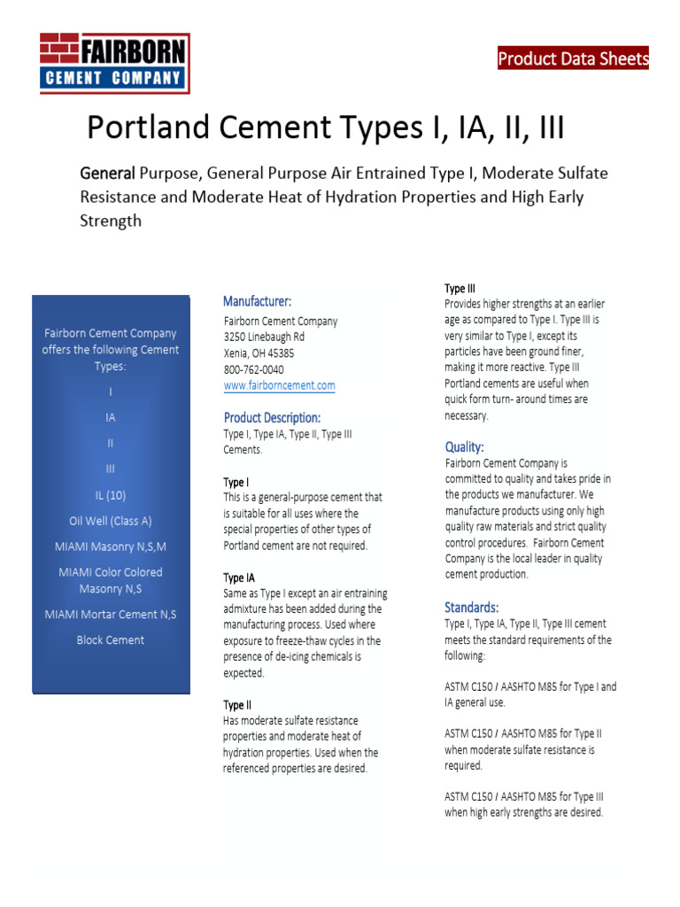 Portland Cement Types Overview | PDF | Concrete | Cement