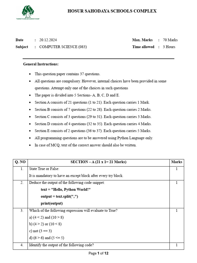 COMPUTER SCIENCE QP - SET 1_ | PDF | Computer Network | Network Architecture