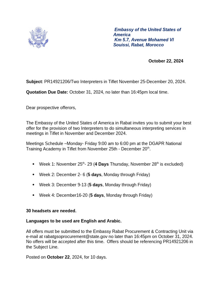 PR14921206 RFQ Two Interpreters in Tiflet | PDF