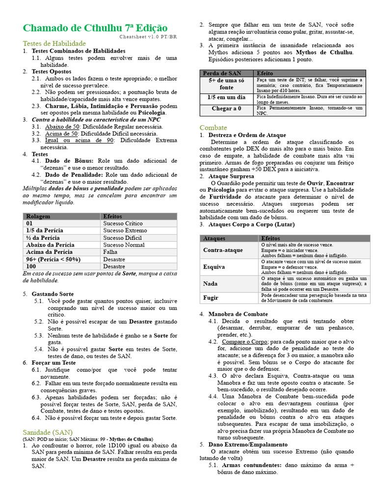 Cheatsheet Cthulhu 7ª Edição PT/BR | PDF
