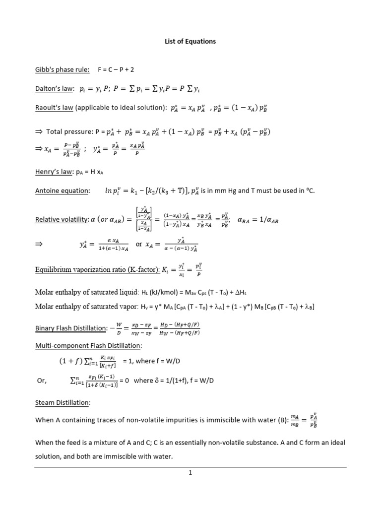 List of Equations | PDF | Distillation | Applied And Interdisciplinary Physics