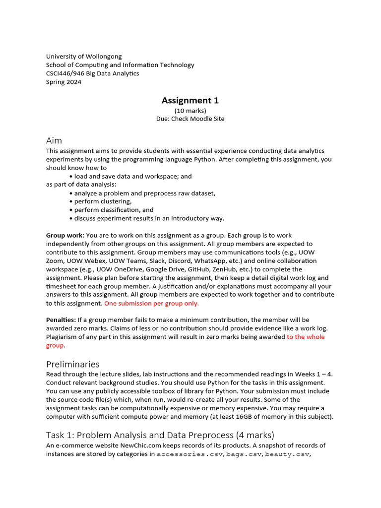 CSCI946 Assignment - 1 - Task - Sheet | PDF | Cluster Analysis | Computer Programming