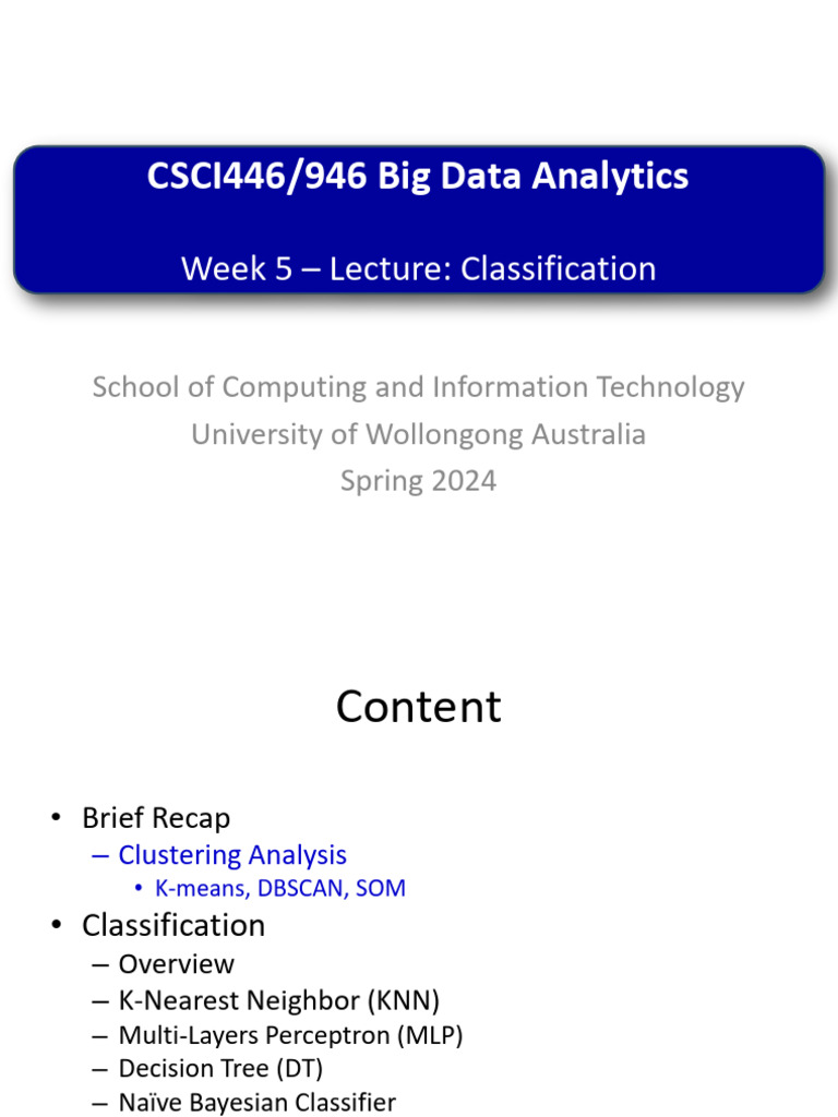 CSCI946 W5-Classification | PDF | Sensitivity And Specificity | Statistical Classification