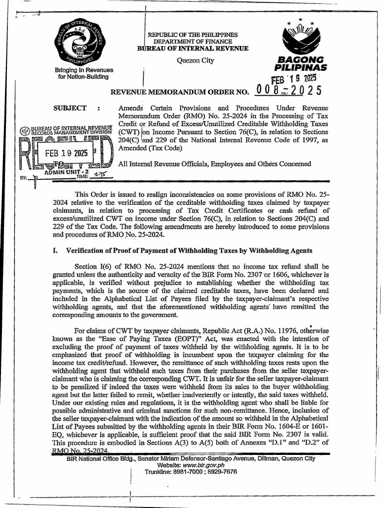 RMO No. 8-2025 Amendment To RMO 25-2024 in Processing Tax Credit or ...