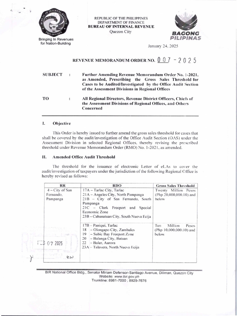 RMO No. 7-2025 Gross Sales Threshold For Office Audit Section | PDF
