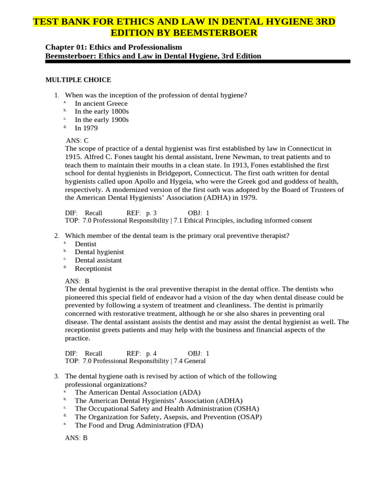 Test Bank For Ethics and Law in Dental Hygiene 3rd Edition by ...
