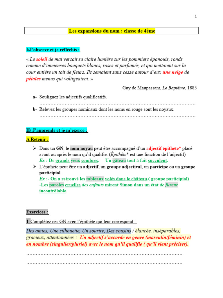 Exercices sur les expansions du nom 4ème | PDF | Nombre grammatical ...