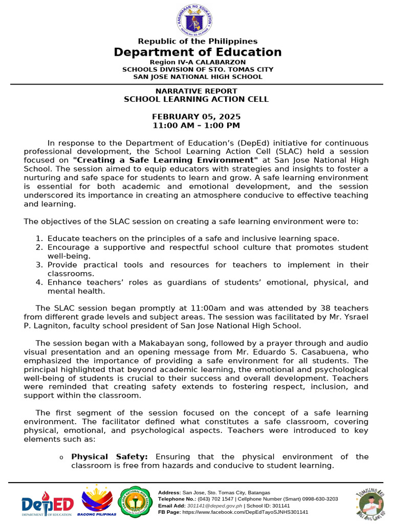 Slac - 1 Narrative Report | PDF | Teachers | Learning