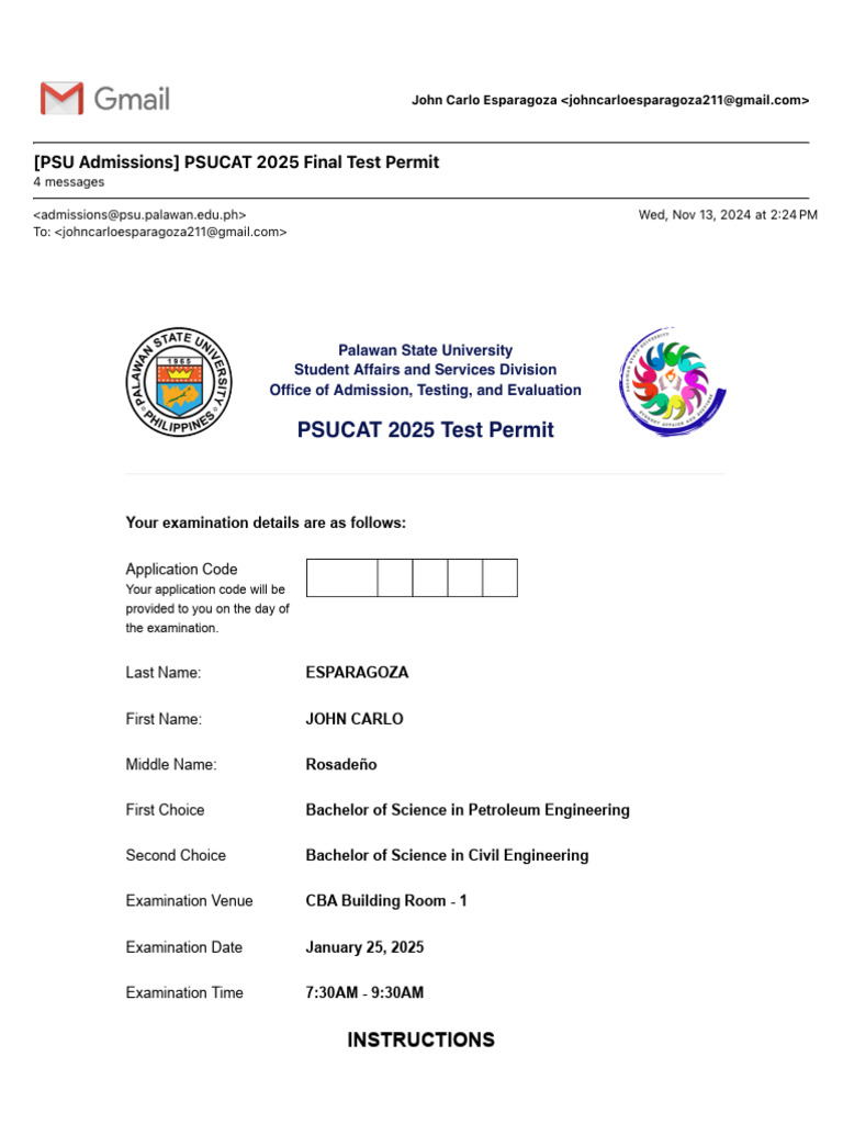 (PSU Admissions) PSUCAT 2025 Final Test Permit | PDF