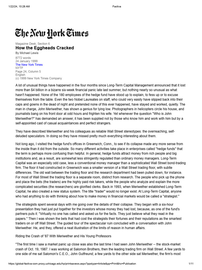 NYT - How The Eggheads Cracked LTCM Case Reading Trading | PDF ...