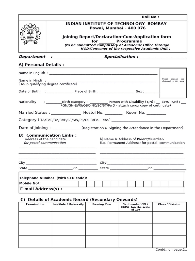Roll No:: (To Be Submitted Compulsory at Academic Office Through HOD ...