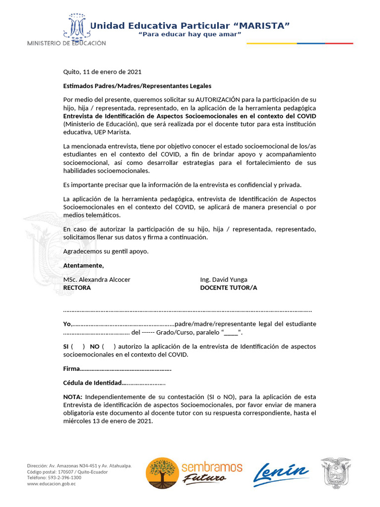 Autorización para Entrevista Socioemocional | PDF