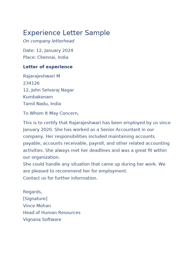Sample Experience Letter for Accountant | PDF