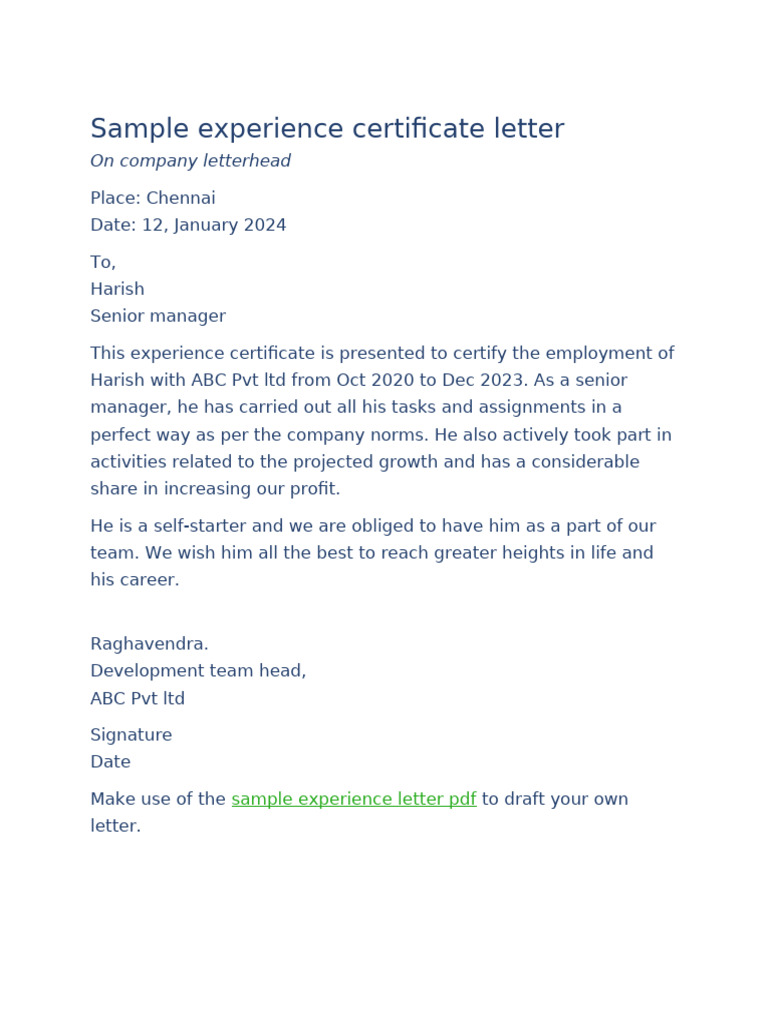 Sample Experience Certificate Letter | PDF