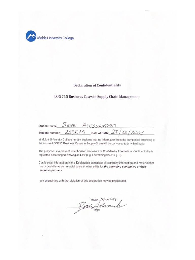 Declaration of Confidentiality #250025 | PDF