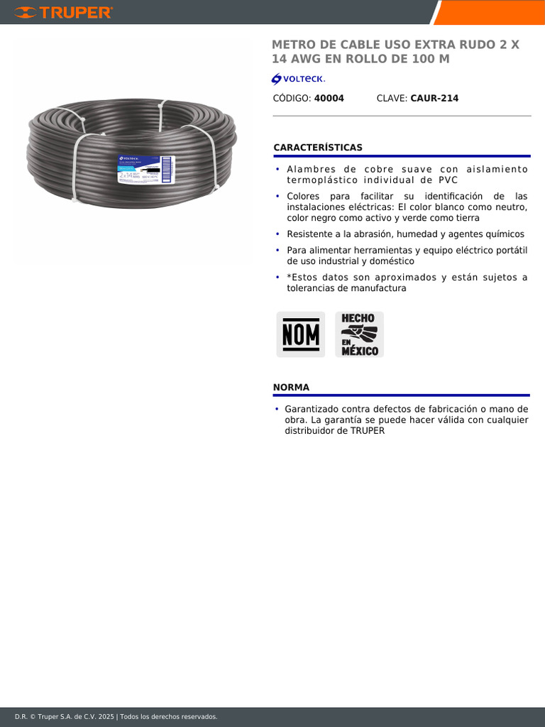 Metro de Cable Uso Extra Rudo 2 X 14 Awg en Rollo de 100 M: CÓDIGO ...