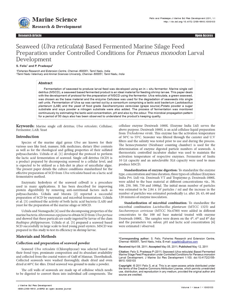Seaweed (Ulva Reticulata) Based Fermented Marine Silage Feed ...