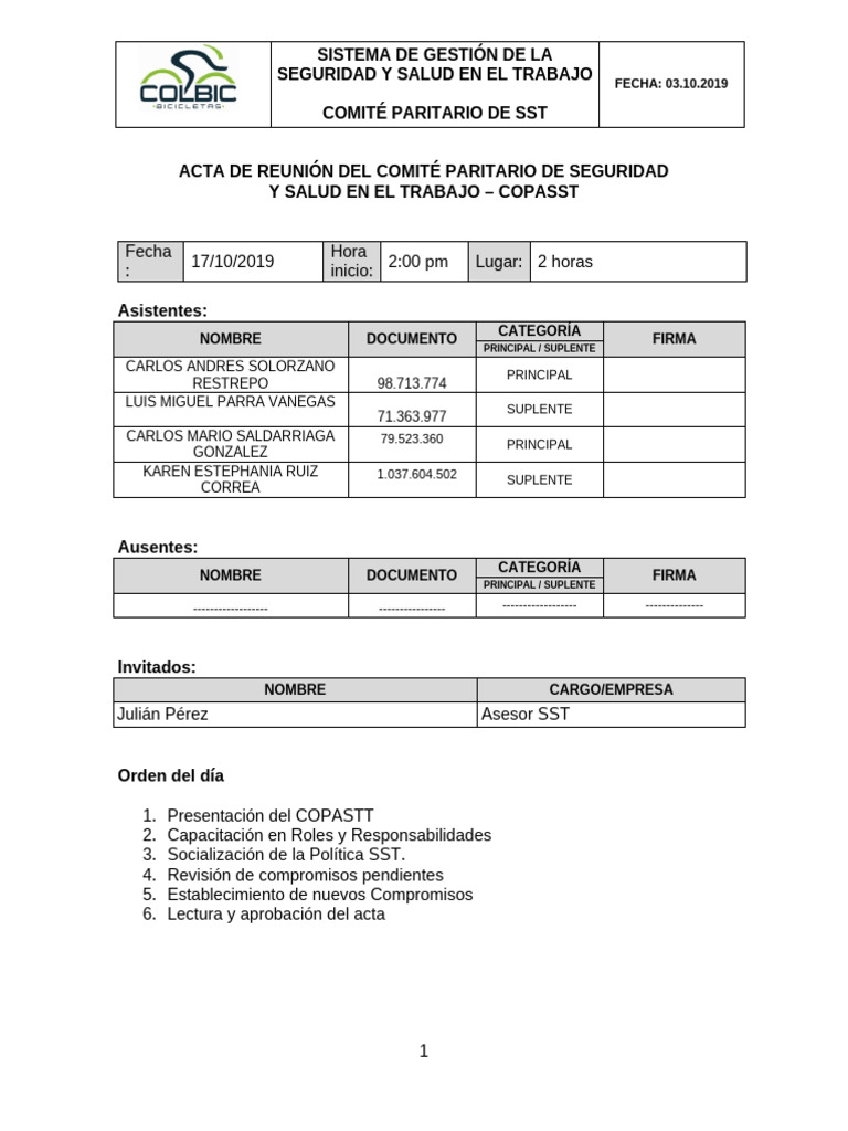 Acta Reunión COPASST 17/10/2019 | PDF