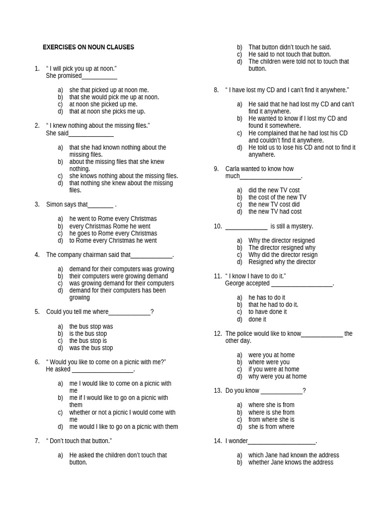 Noun Clause Exercises for Practice | PDF
