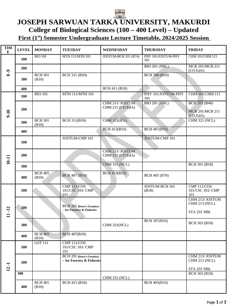 1st Semester Lecture Timetable - Bio. Sc. Updated | PDF