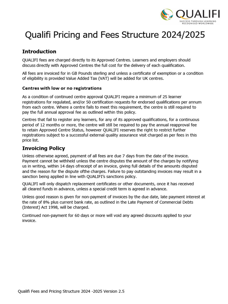 Qualifi Fees and Pricing Structure 2024 Version No2.5 | PDF | Invoice | Fee