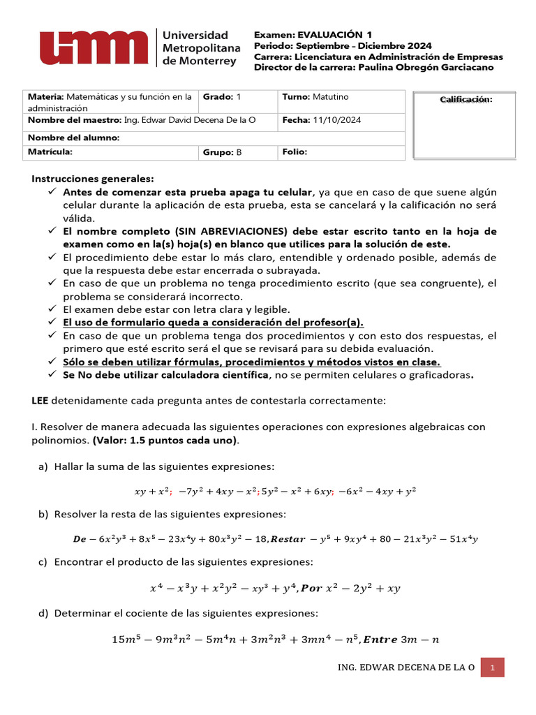 Examen PP de Mfa 1b Sd24 | PDF | Matemáticas | Álgebra