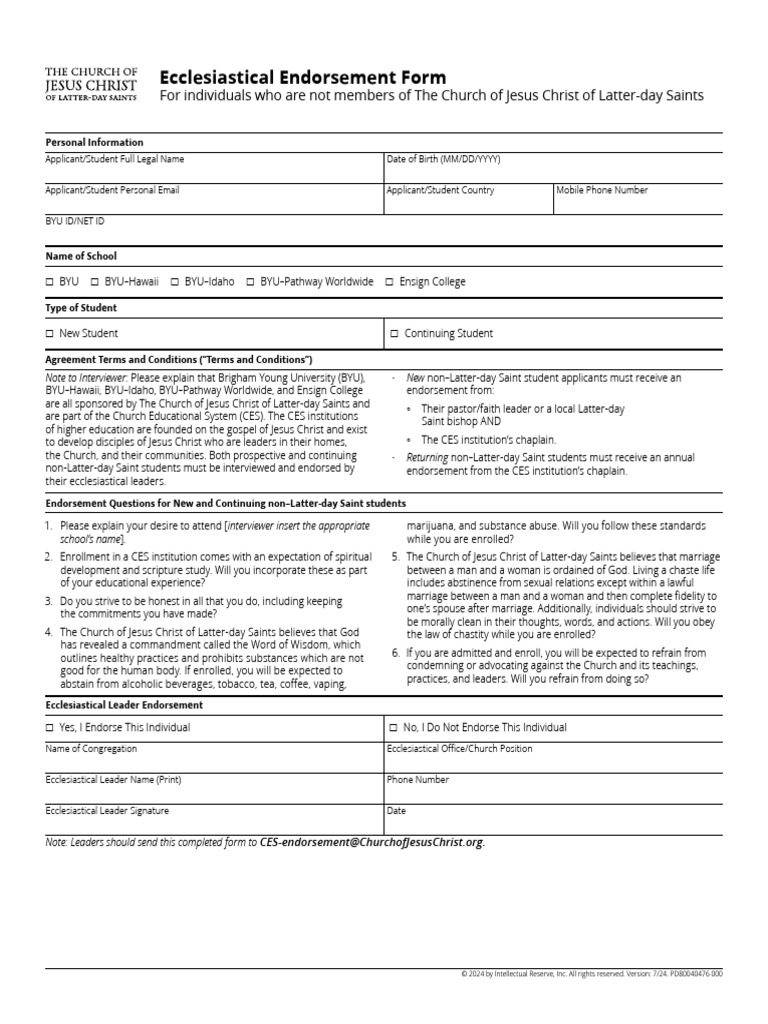 CES Ecclesiastical Endorsement - Non-Latter-day Saint | PDF | Chastity | Religious Belief And ...