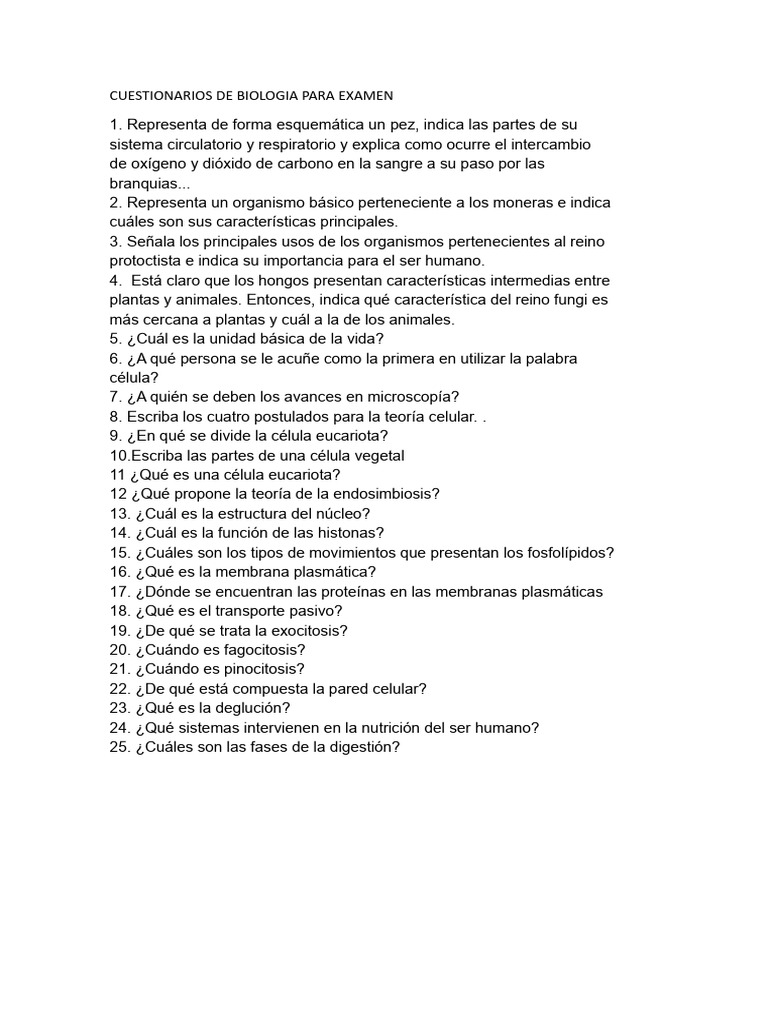 Cuestionarios de Biologia para Examen Biologia 1 | PDF
