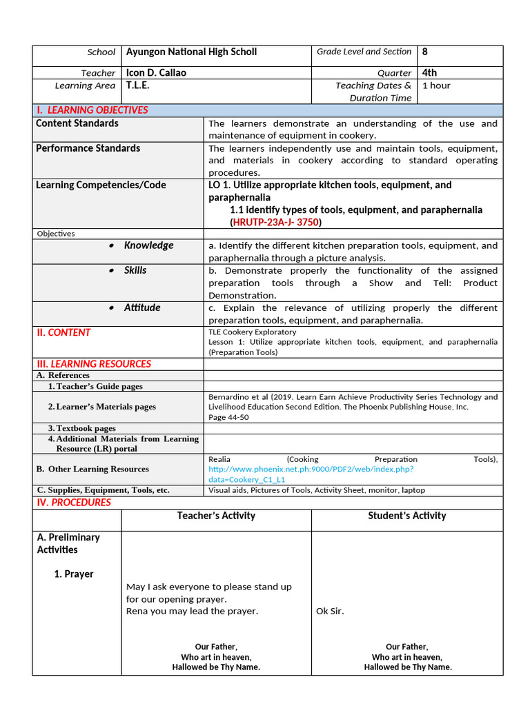 Edited - Template For DLP 1 | PDF | Kitchen Utensil | Lord's Prayer