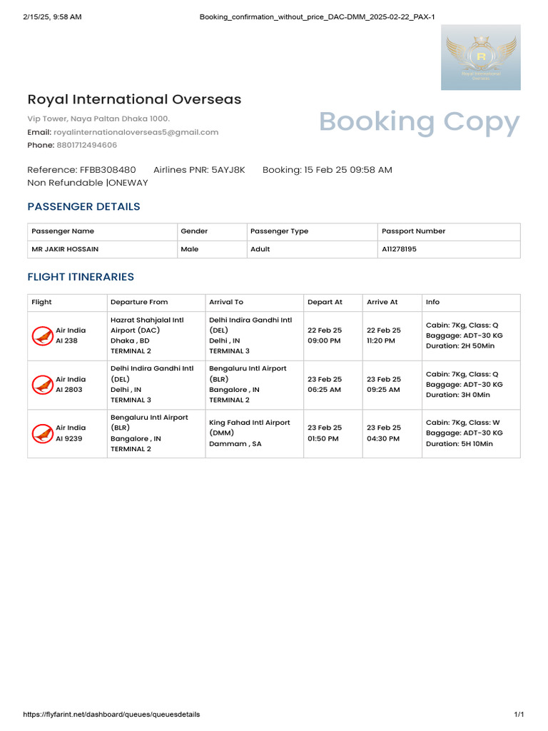 DAC-DMM Flight Booking Confirmation | PDF | Airlines | Transport