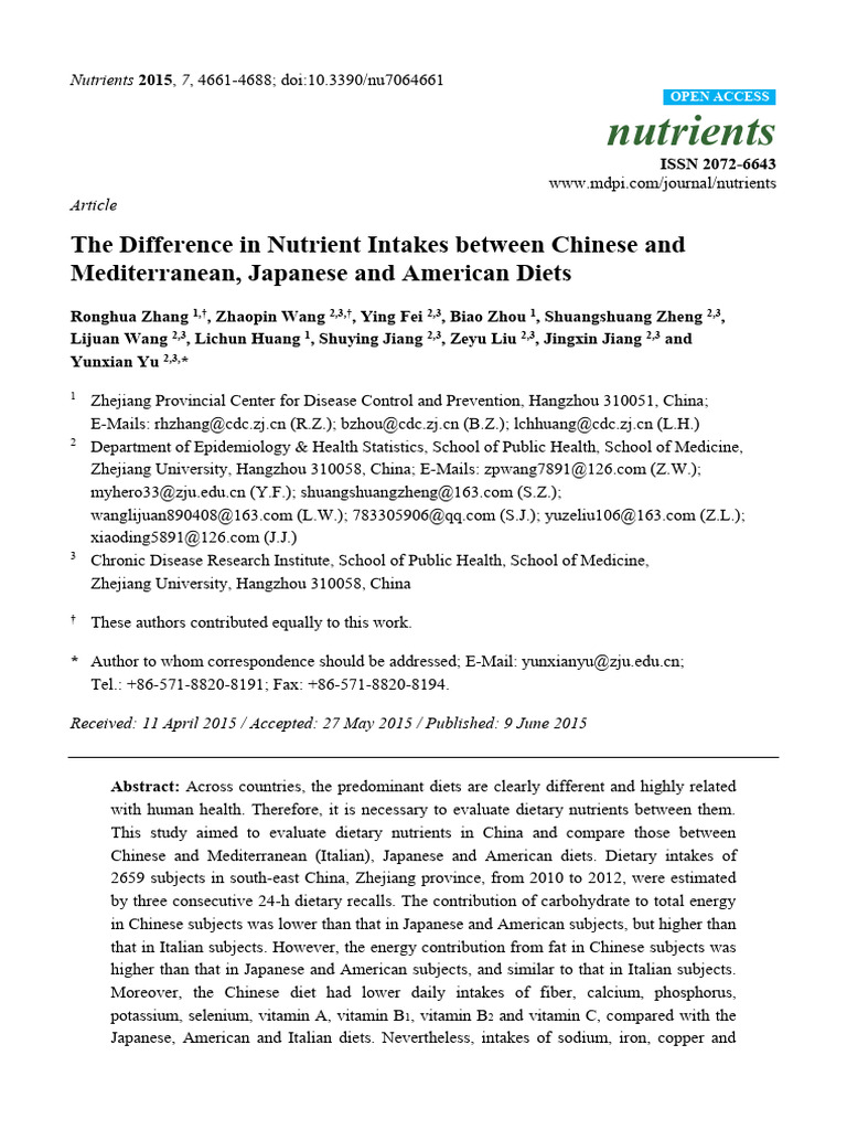 Nutrient Intake Comparison: China vs. Diets | PDF | Healthy Diet | Diet ...