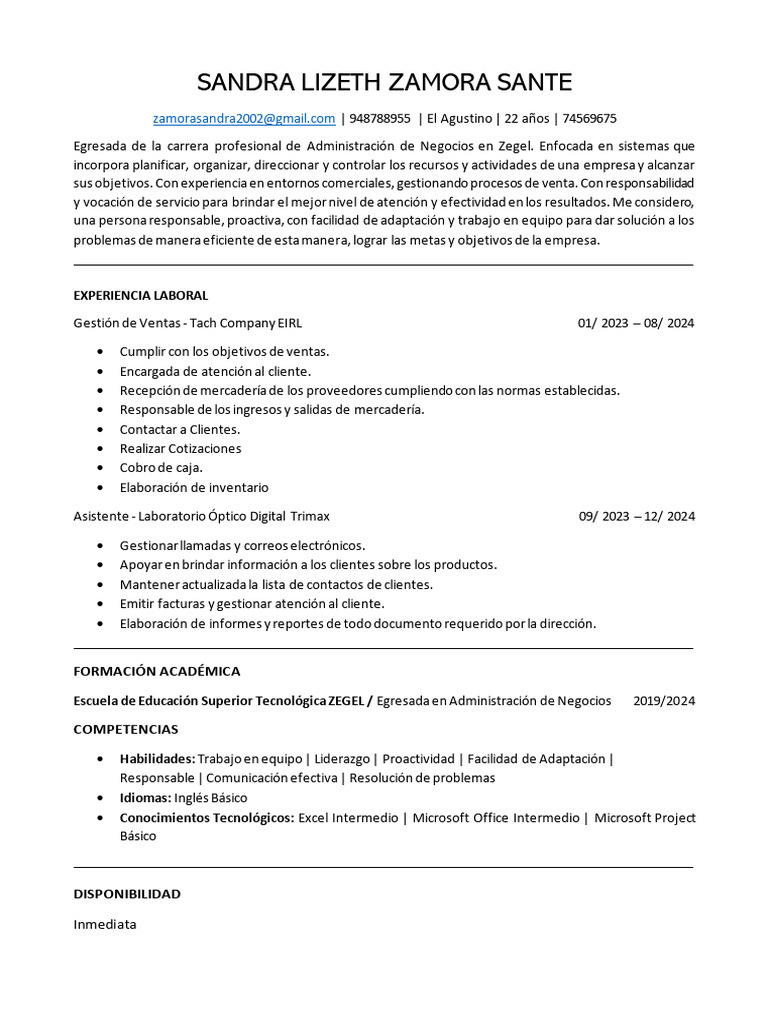 CVSandra Lizeth Zamora Sante | PDF