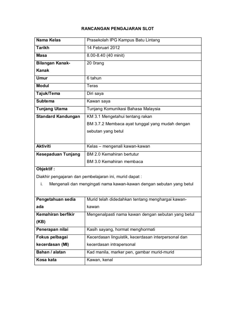 Rancangan Pengajaran Slot | PDF