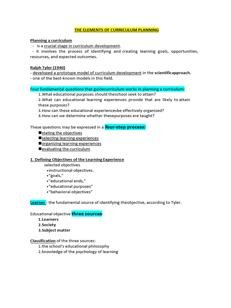 Key Elements of Curriculum Planning | PDF | Curriculum | Evaluation