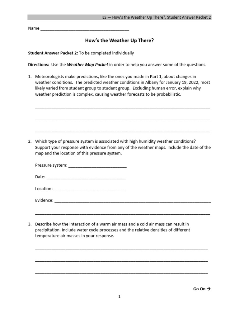 Student Answer Packet 2 ILS Hows The Weather Up There | PDF | Weather ...