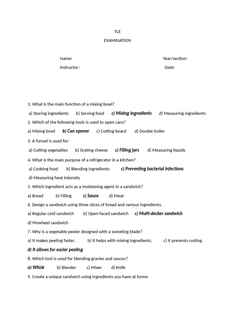 TLE answer sheet | PDF | Desserts | Sandwich