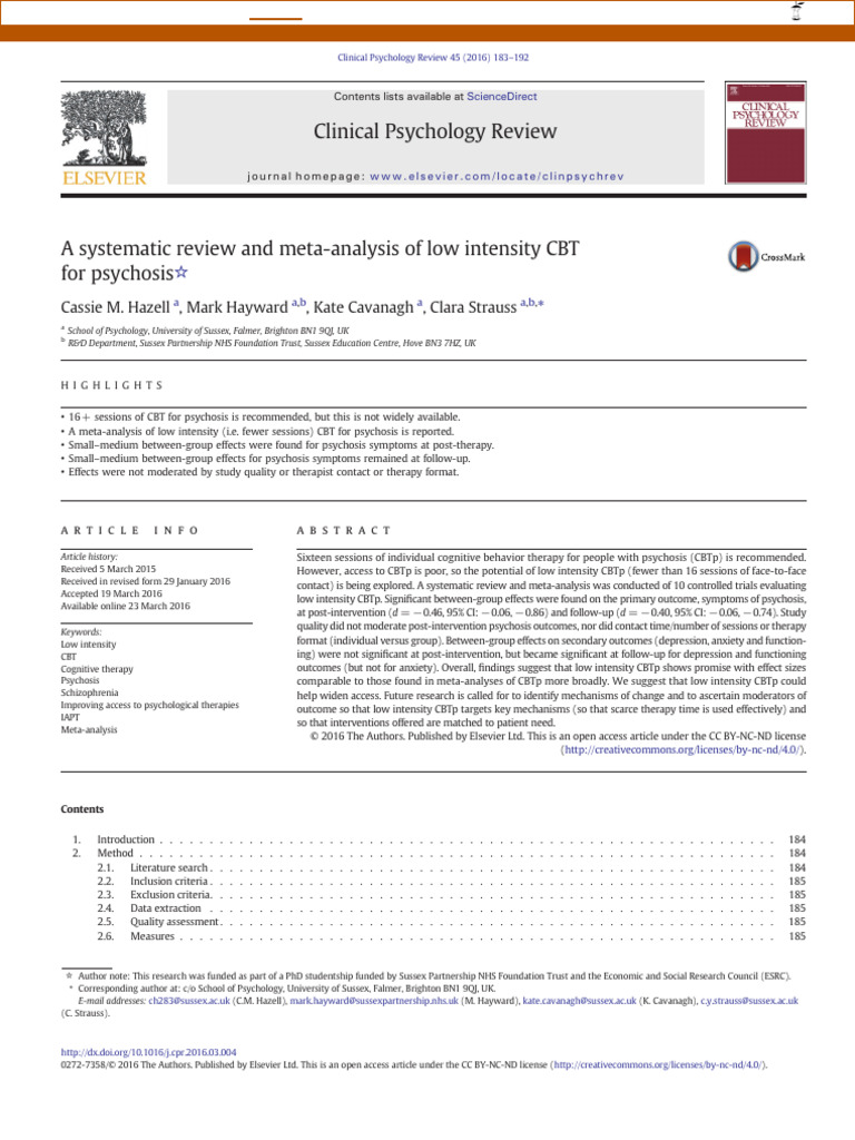 Low Intensity CBT for Psychosis Review | PDF | Cognitive Behavioral ...