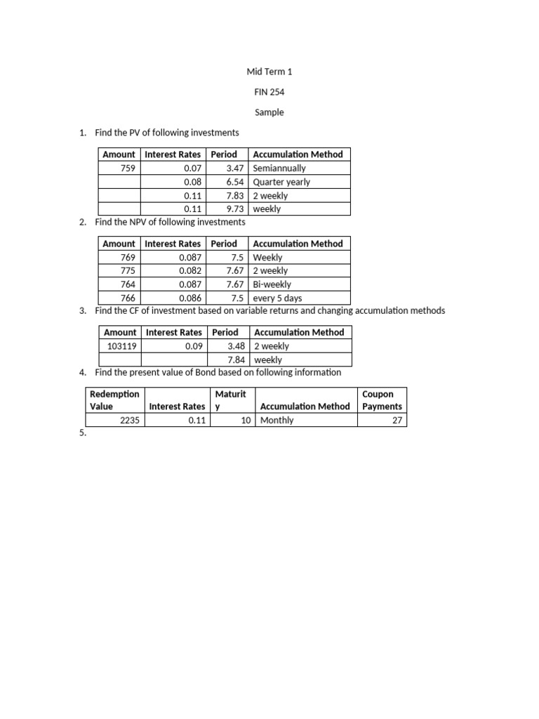 Mid Term 1 FIN 254 Sample | PDF