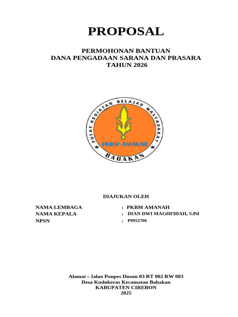Proposal PKBM Amanah Sarpras | PDF