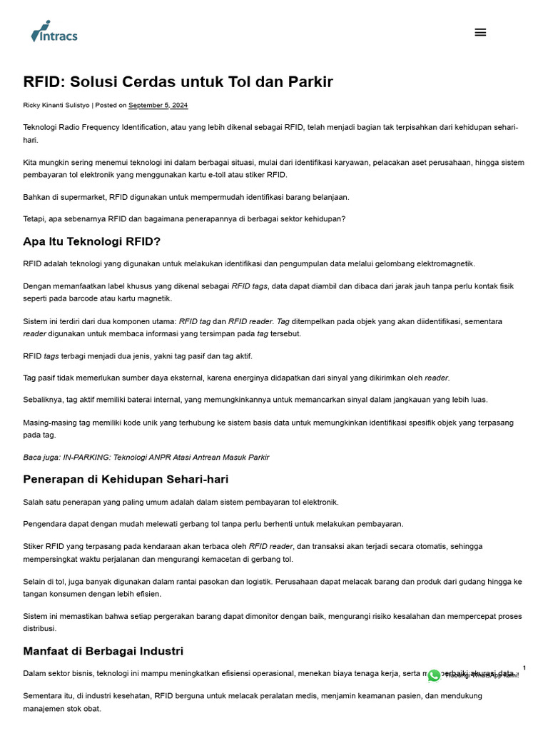 RFID - Solusi Cerdas Untuk Tol Dan Parkir - Intracs | PDF