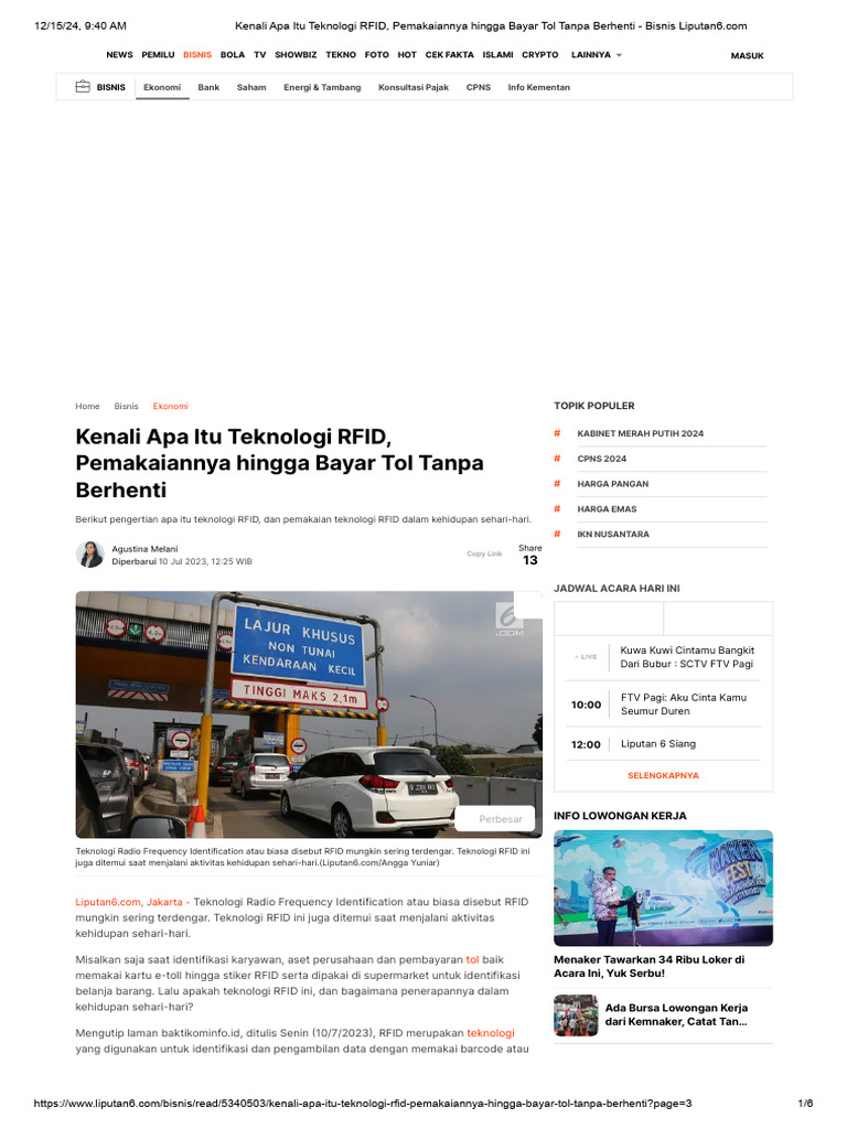 Kenali Apa Itu Teknologi RFID, Pemakaiannya Hingga Bayar Tol Tanpa Berhenti - Bisnis | PDF