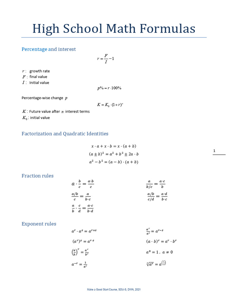 MathFormulas (Make A Good Start Course) | PDF | Functions And Mappings | Elementary Geometry