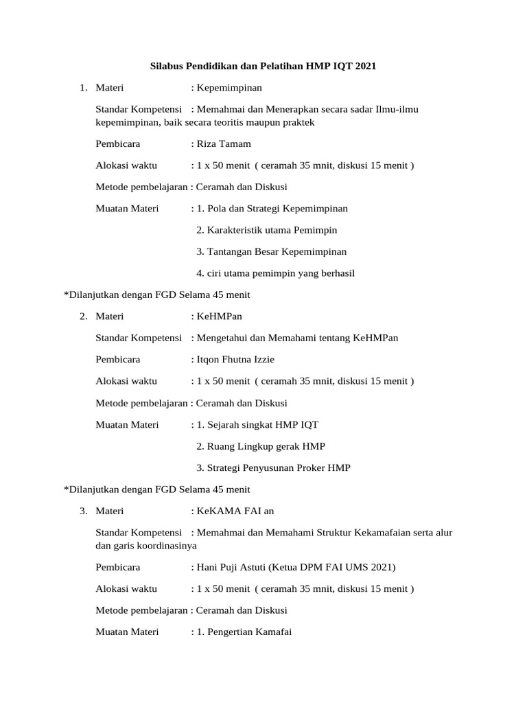 Silabus Pendidikan dan Pelatihan HMP IQT 2021(1) | PDF