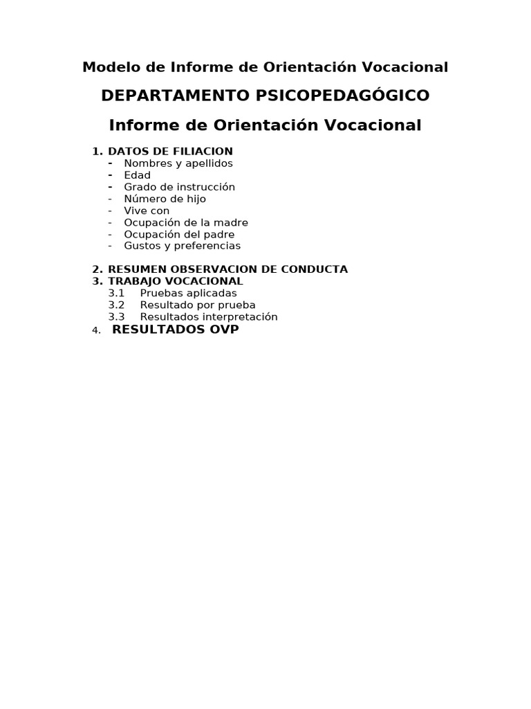 Modelo de Informe de Orientación Vocacional | PDF
