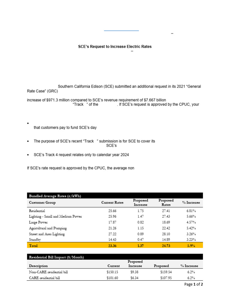 SCE Electric Rate Increase Notice 2024 | PDF
